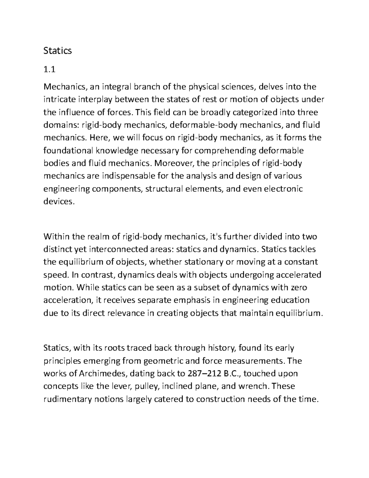 Statics 1 - These are the notes taken from the text book , the text ...