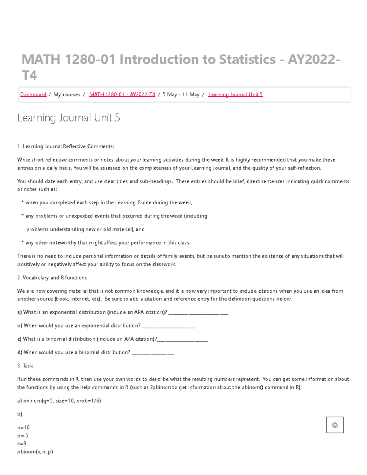 MATH 1280-01 - AY2022-T4 Learning Journal Unit 5 - MATH 1280-01 Introduction to Statistics ...