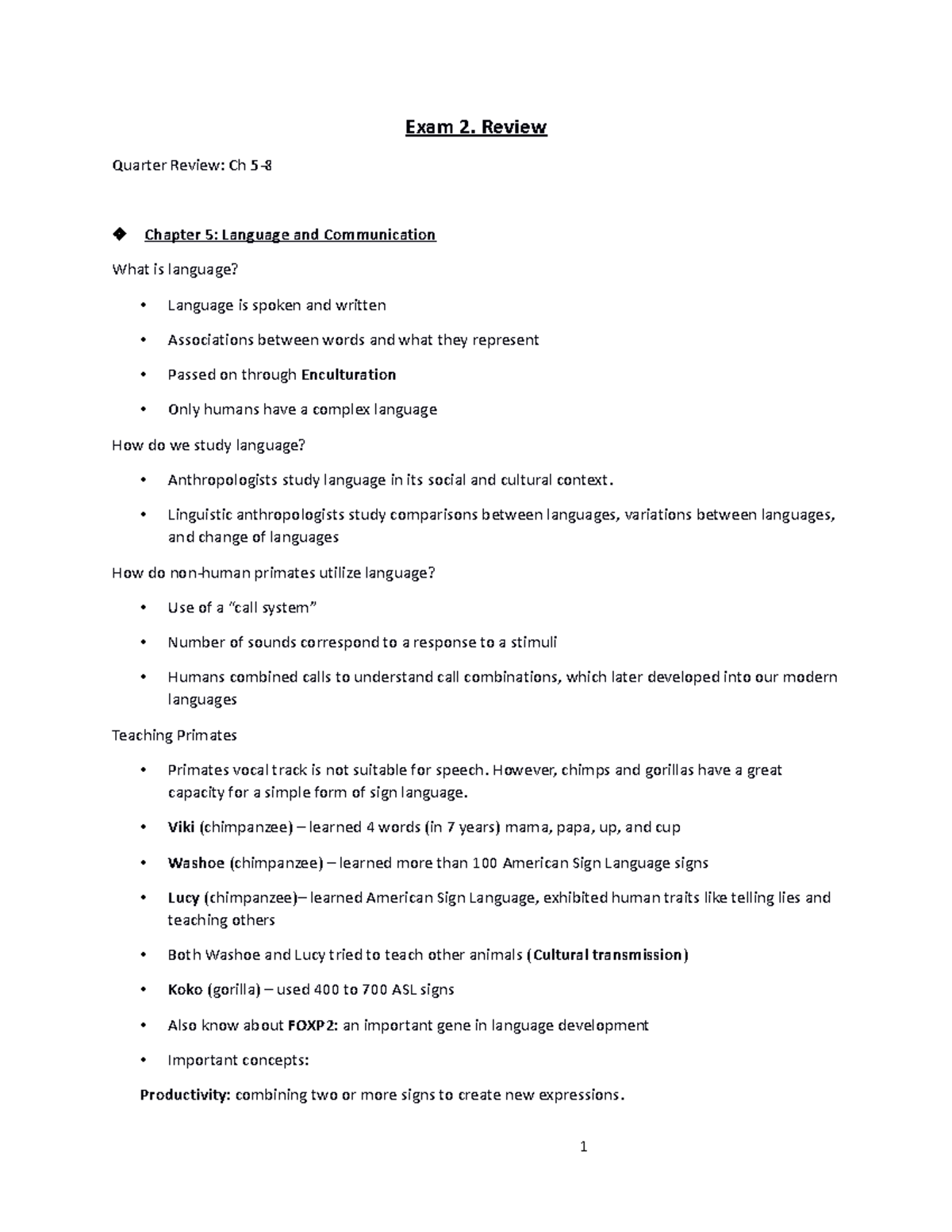 Exam 2. Review. F2021. (Revised) - Exam 2. Review Quarter Review: Ch 5- Chapter 5: Language and ...