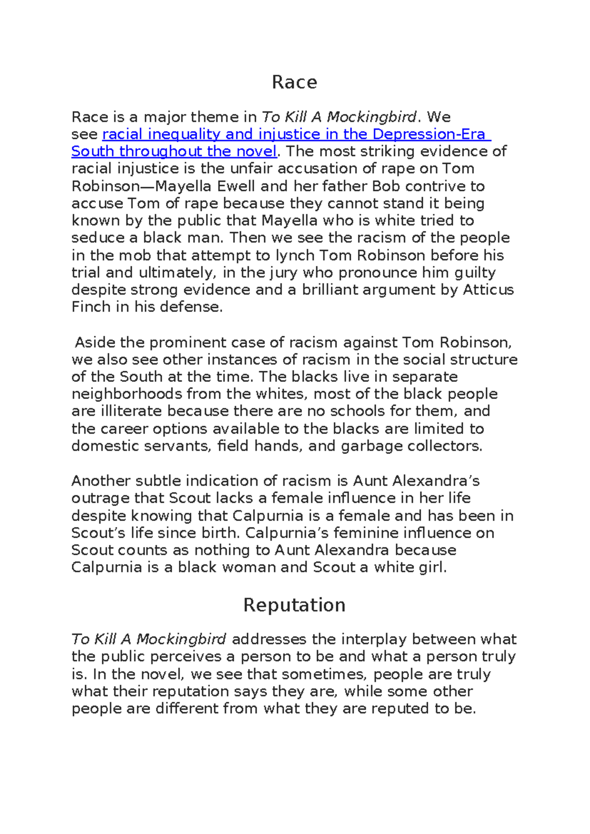 To kill a mockingbird - Themes ,symbols ,characters - Race Race is a ...