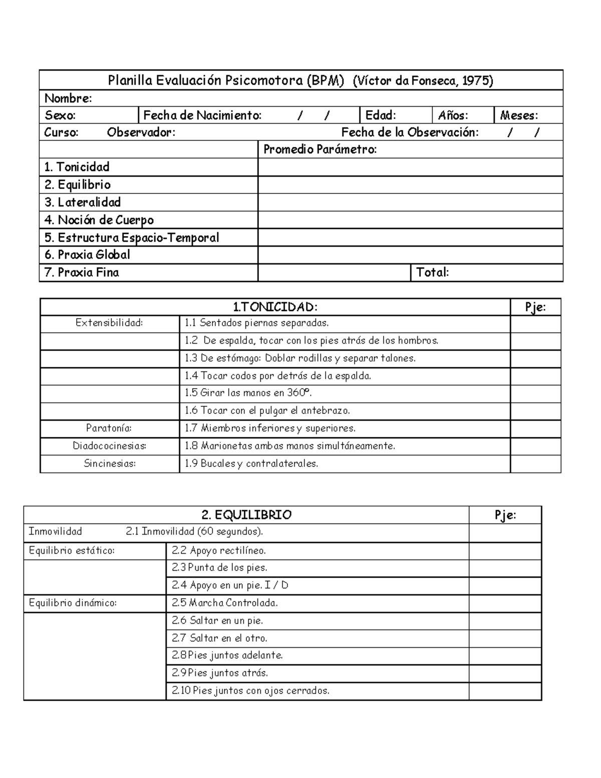 Planilla BPM Victor da Fonseca - Planilla Evaluación Psicomotora (BPM ...