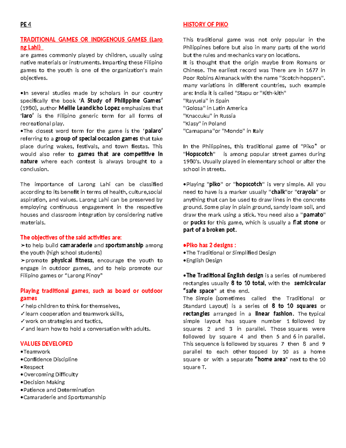 PE-4 - Notes about Physical Education - PE 4 TRADITIONAL GAMES OR ...