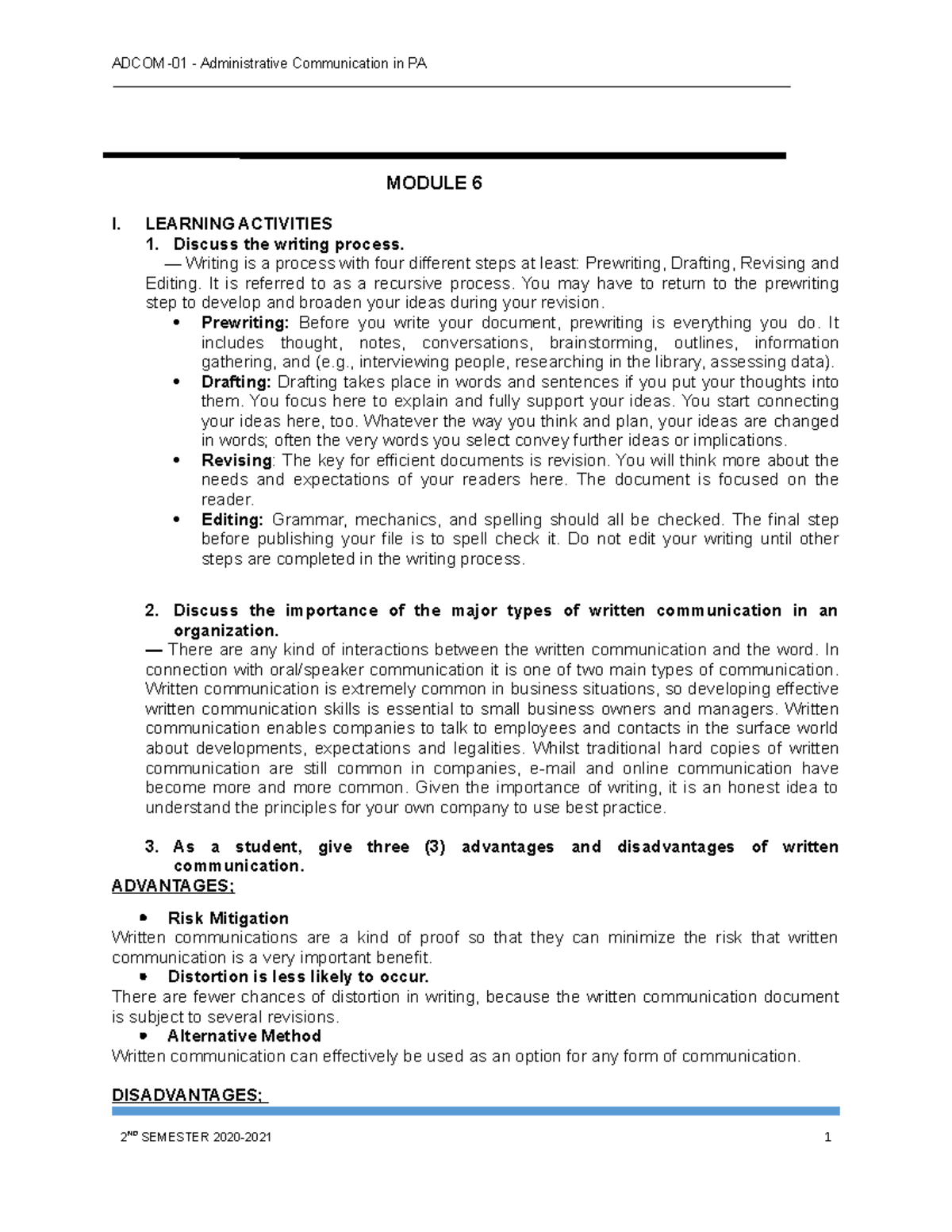Answer Adcom–06 - MODULE 6 I. LEARNING ACTIVITIES Discuss the writing ...