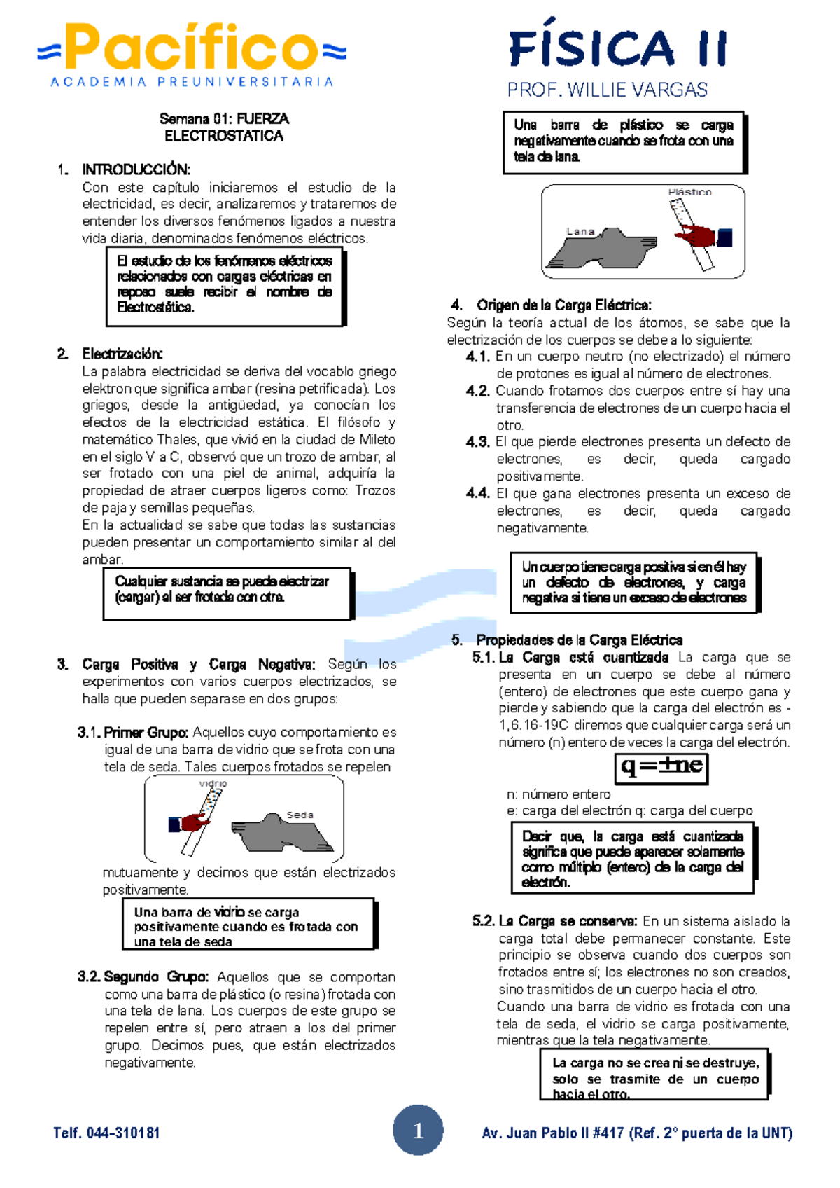 Semana 01 Física II - PROF. WILLIE VARGAS Semana 01: FUERZA ELECTROSTATICA 1. INTRODUCCIÓN: Con ...