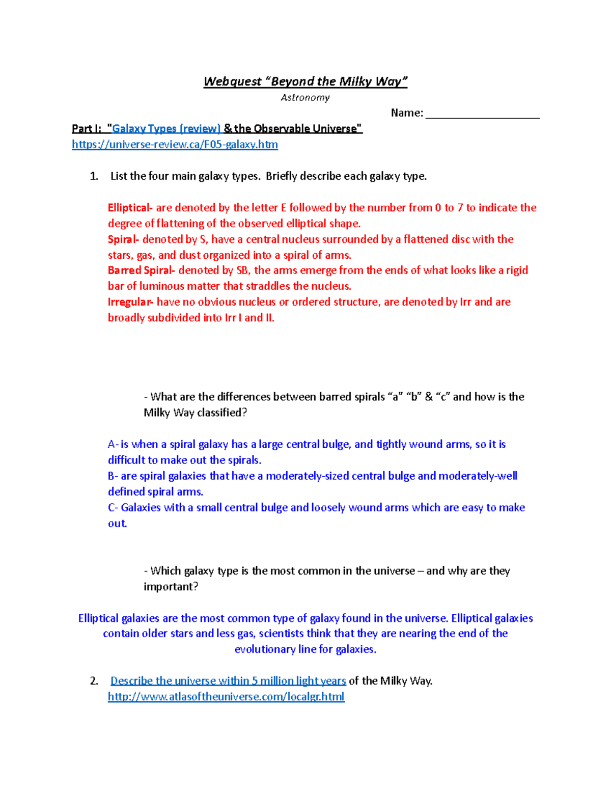 Internet Lab Activity Beyond the Milky Way Student - Webquest “Beyond ...