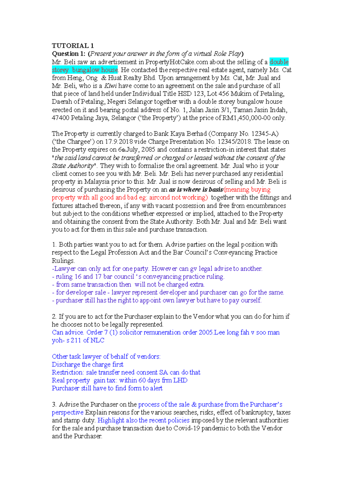 Tutorial 1 - Sem 1 yr 4 - TUTORIAL 1 Question 1: (Present your answer in the form of a virtual ...