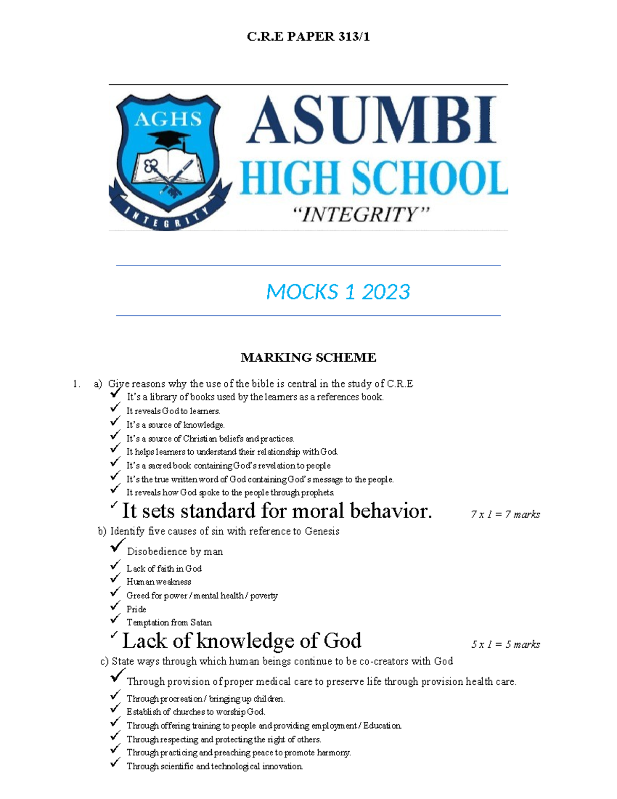 CRE pp1 MS - nice - C.R PAPER 313/ MOCKS 1 2023 MARKING SCHEME 1. a ...