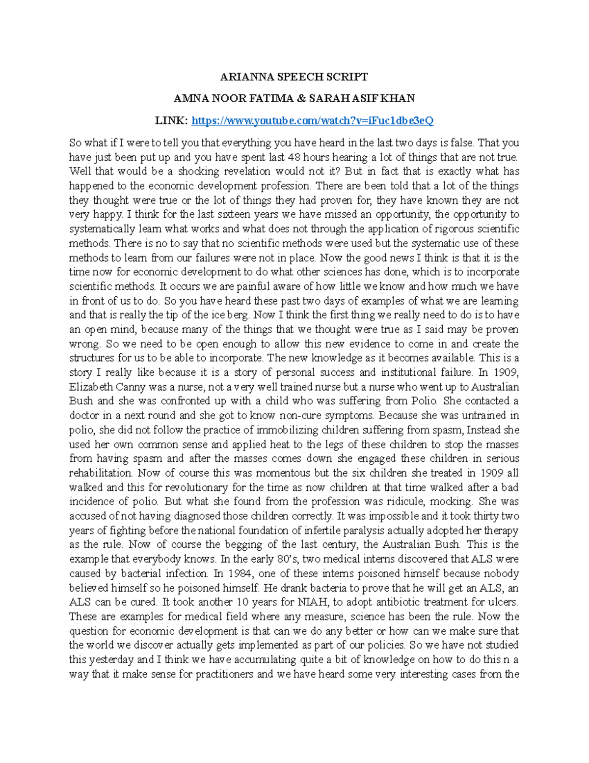 Arianna Speech Script Sarah AND AMNA - ARIANNA SPEECH SCRIPT AMNA NOOR ...