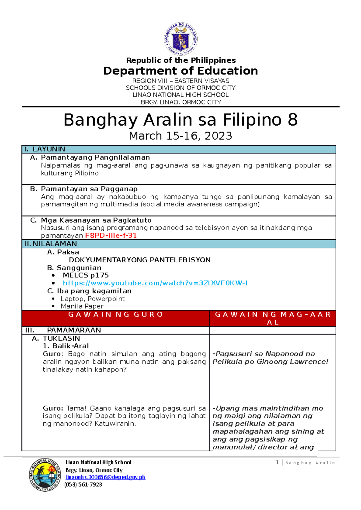 Lesson Plan in FIlipino 8 - Department of Education REGION VIII ...