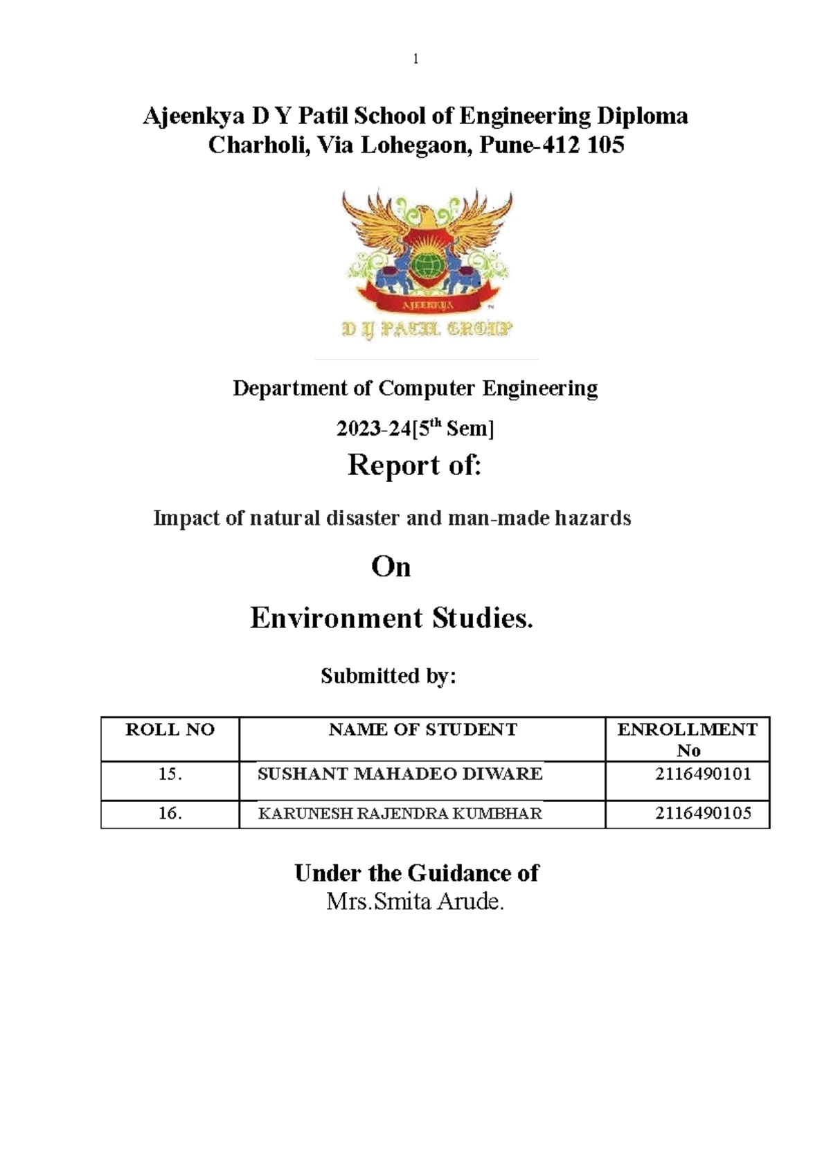 Front page of report osy - ####### 1 Ajeenkya D Y Patil School of ...