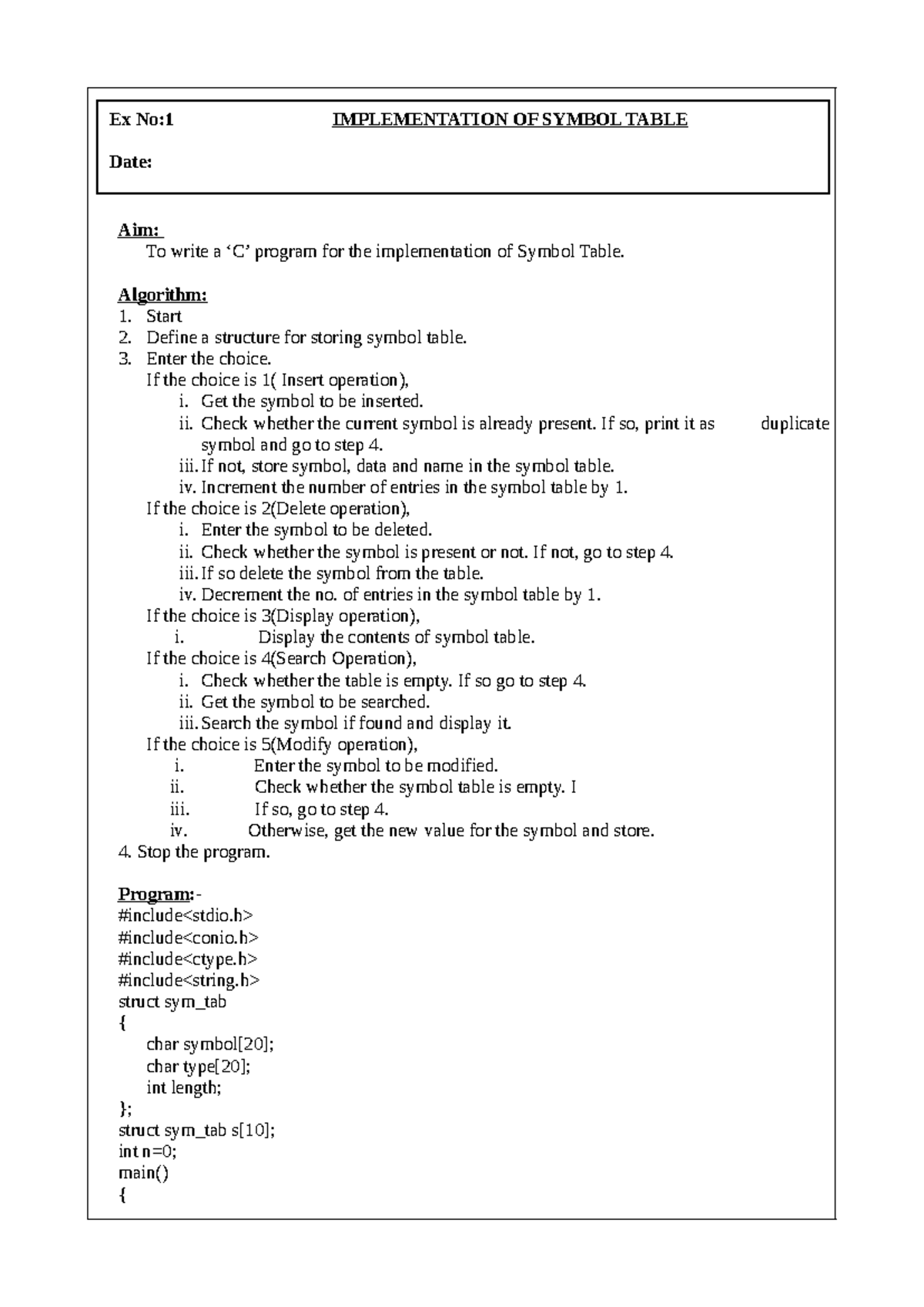CS6612 - Lab Onservation for students - Aim: To write a ‘C’ program for ...