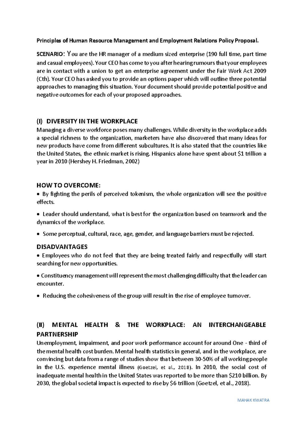 Principles of HRM and ER Policy Proposal - MAHAK KWATRA Principles of ...