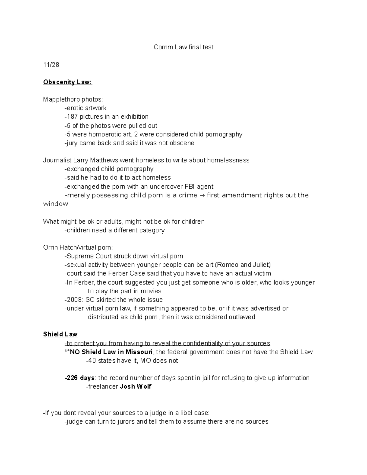 Comm Law final test notes - Comm Law final test 11/ Obscenity Law ...