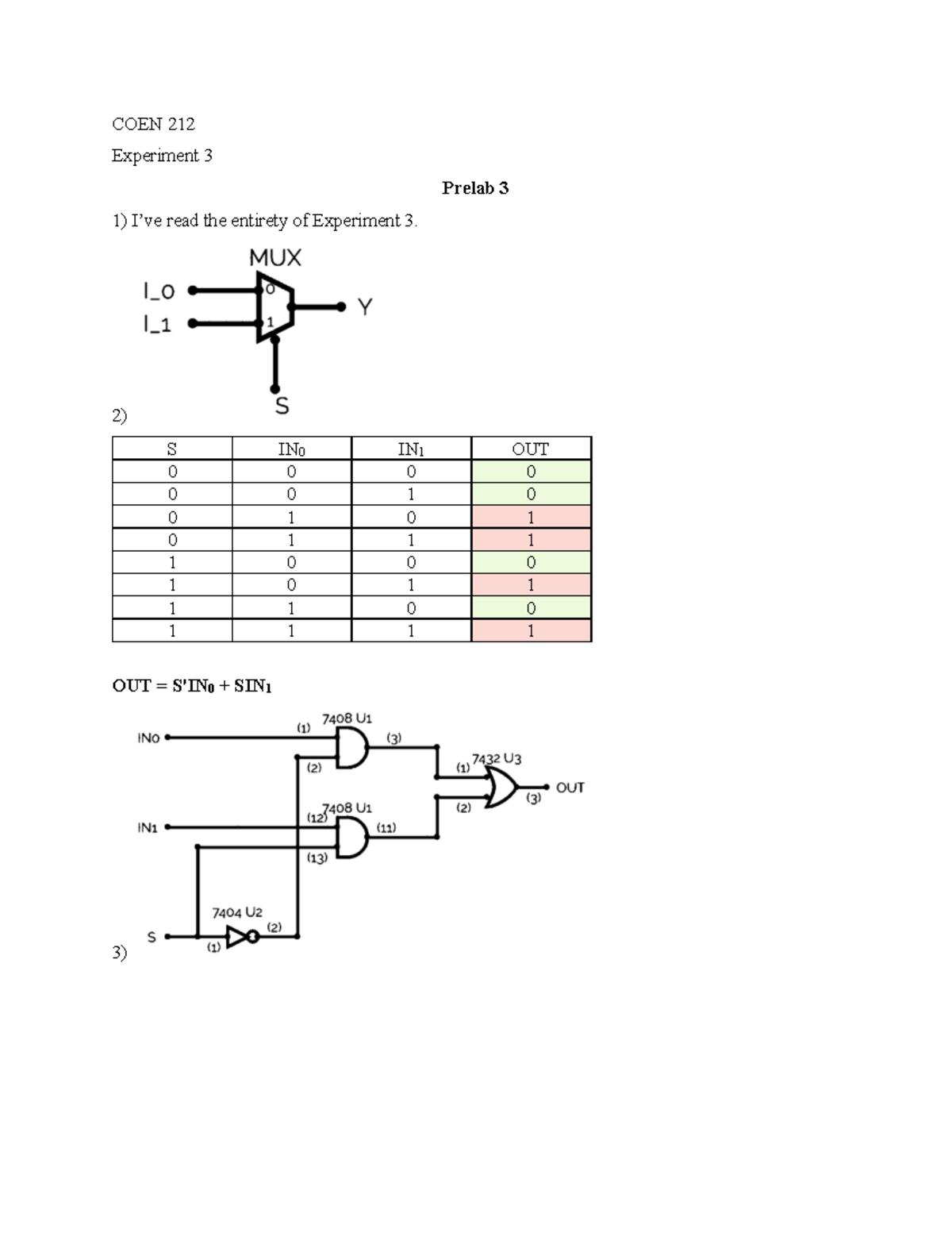Prelab 3 for lab session - COEN 212 Experiment 3 Prelab 3 1) I’ve read ...