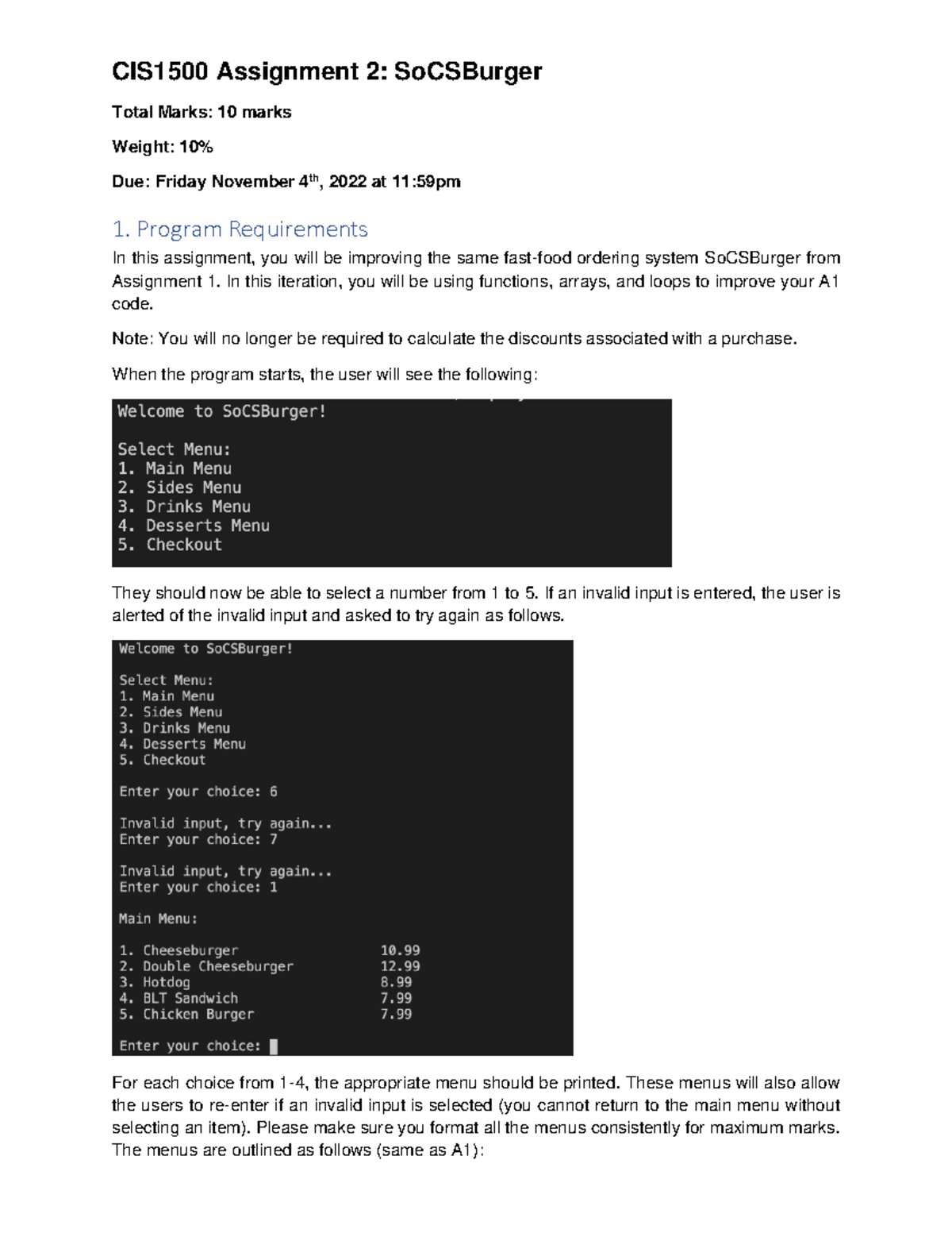 A2 Description - Assignment 2 build a menu - CIS1500 Assignment 2 ...