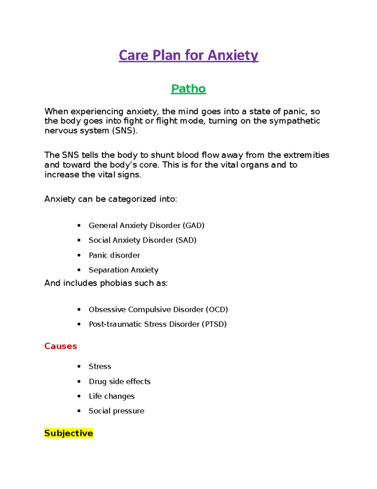 Care Plan for Anxiety - Care Plan for Anxiety Patho When experiencing ...