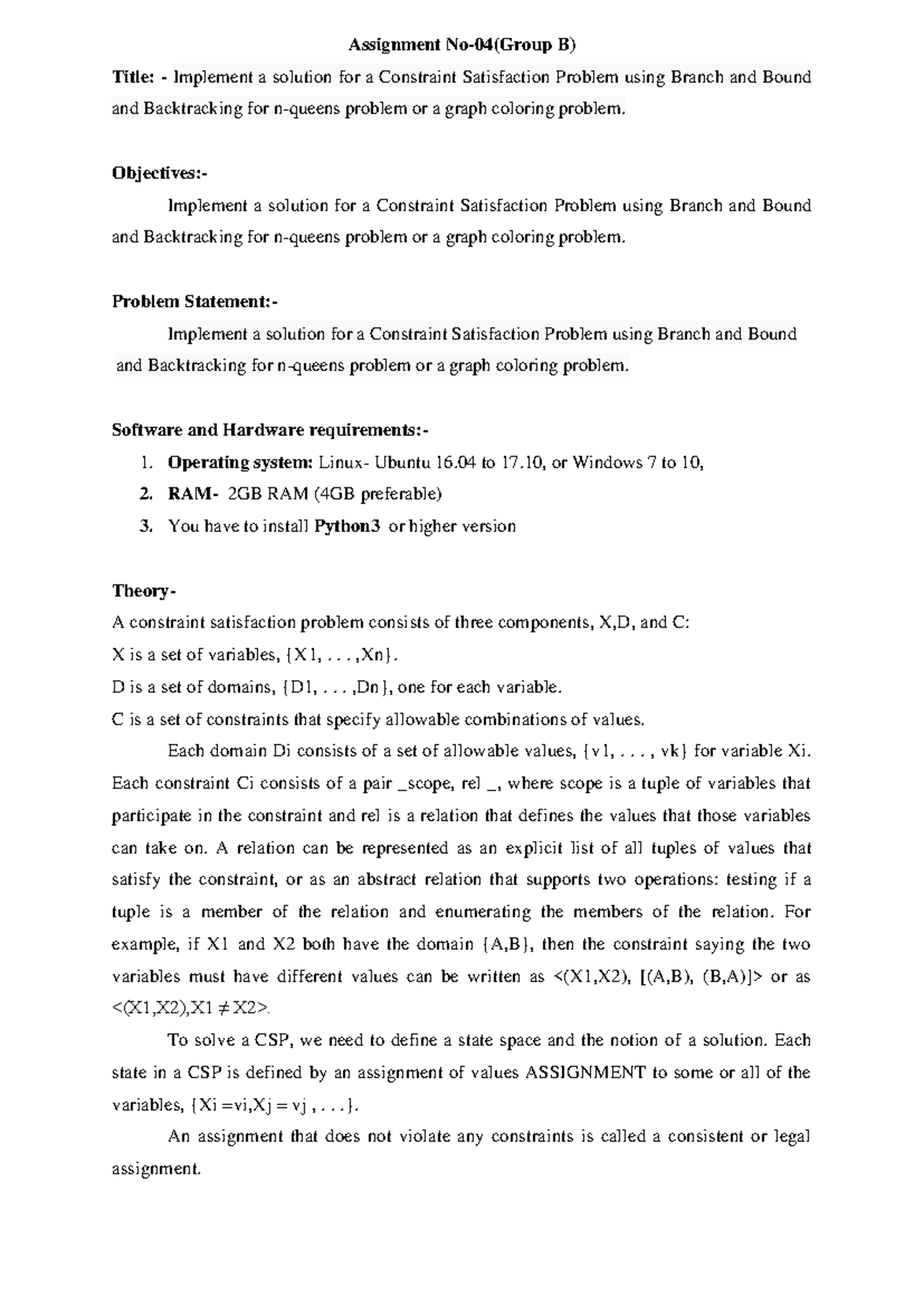 AI Assignment No-3 writeup - Assignment No-04(Group B) Title: - Implement a solution for a - Studocu