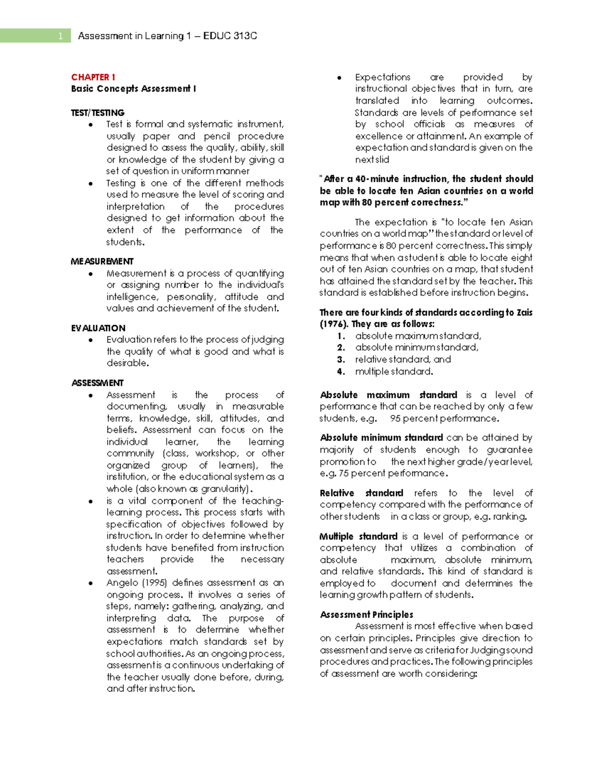 EDUC 313C - Assessment in Learning 1 - CHAPTER 1 Basic Concepts ...