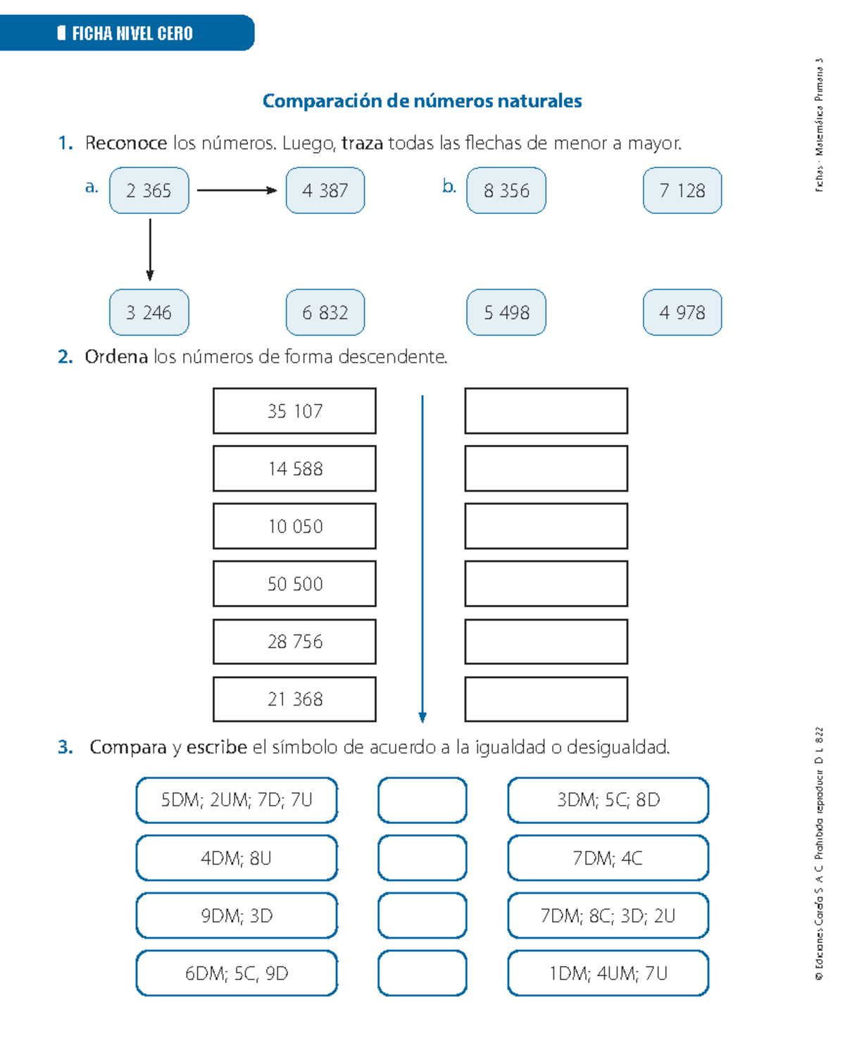 F0 Comparación de números naturales - FICHA NIVEL CERO Fichas - Matemática Primaria 3 ...