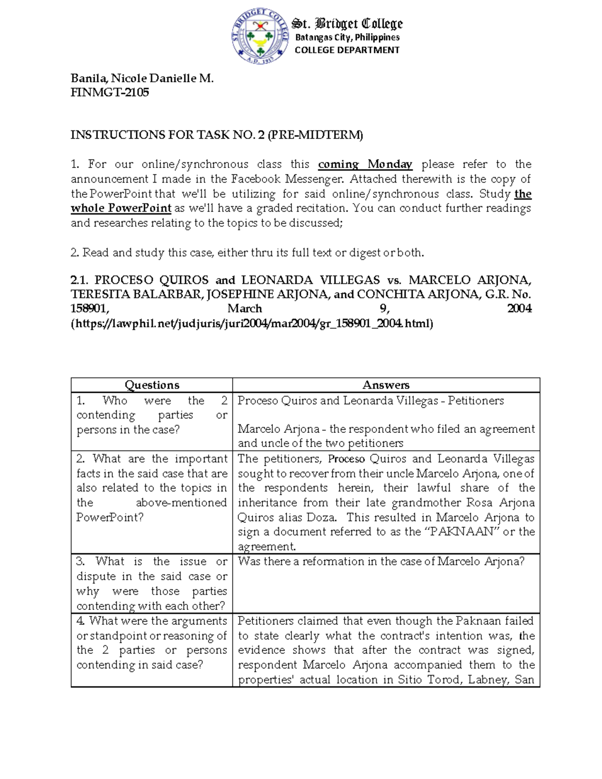 Task No. 2 Oblicon ( Banila) - St. Bridget College Batangas City, Philippines COLLEGE DEPARTMENT ...