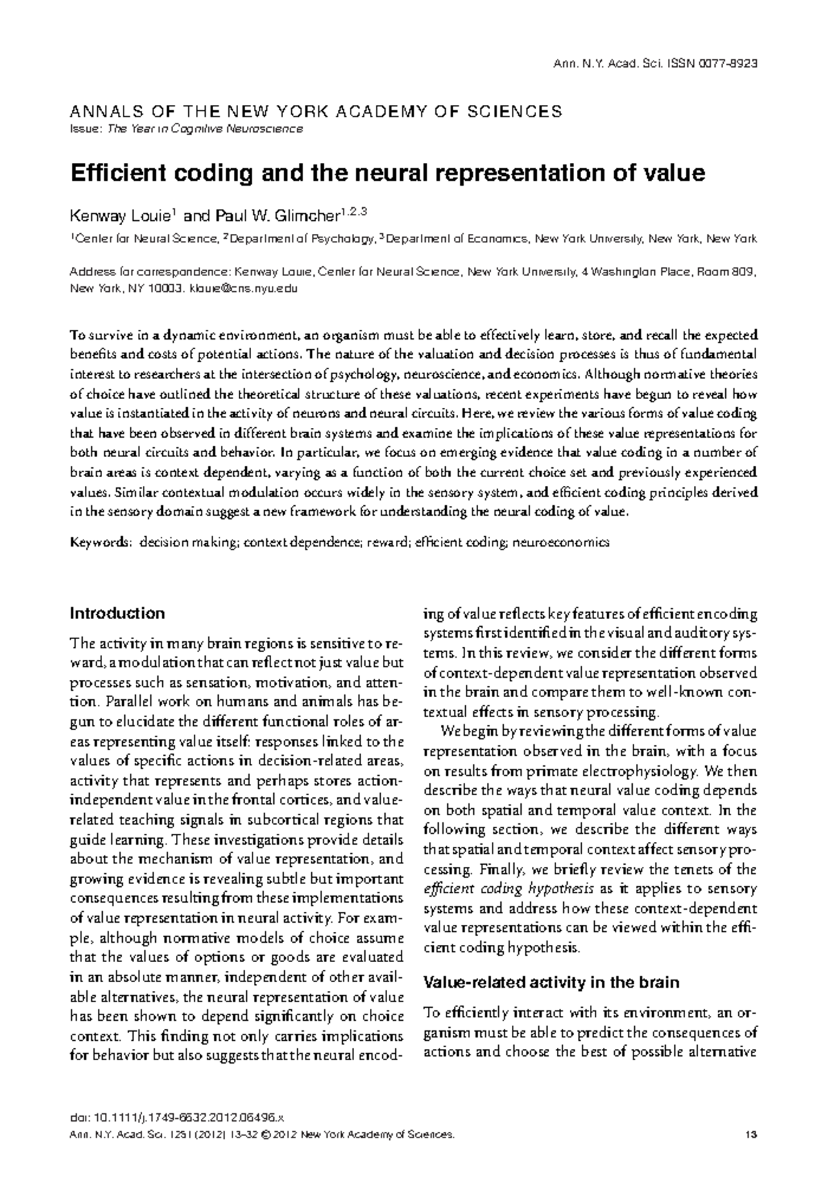 Efficient Coding And The Neural Represen Ann N Acad Sci Issn 0077 A N N A L S O F T H E N