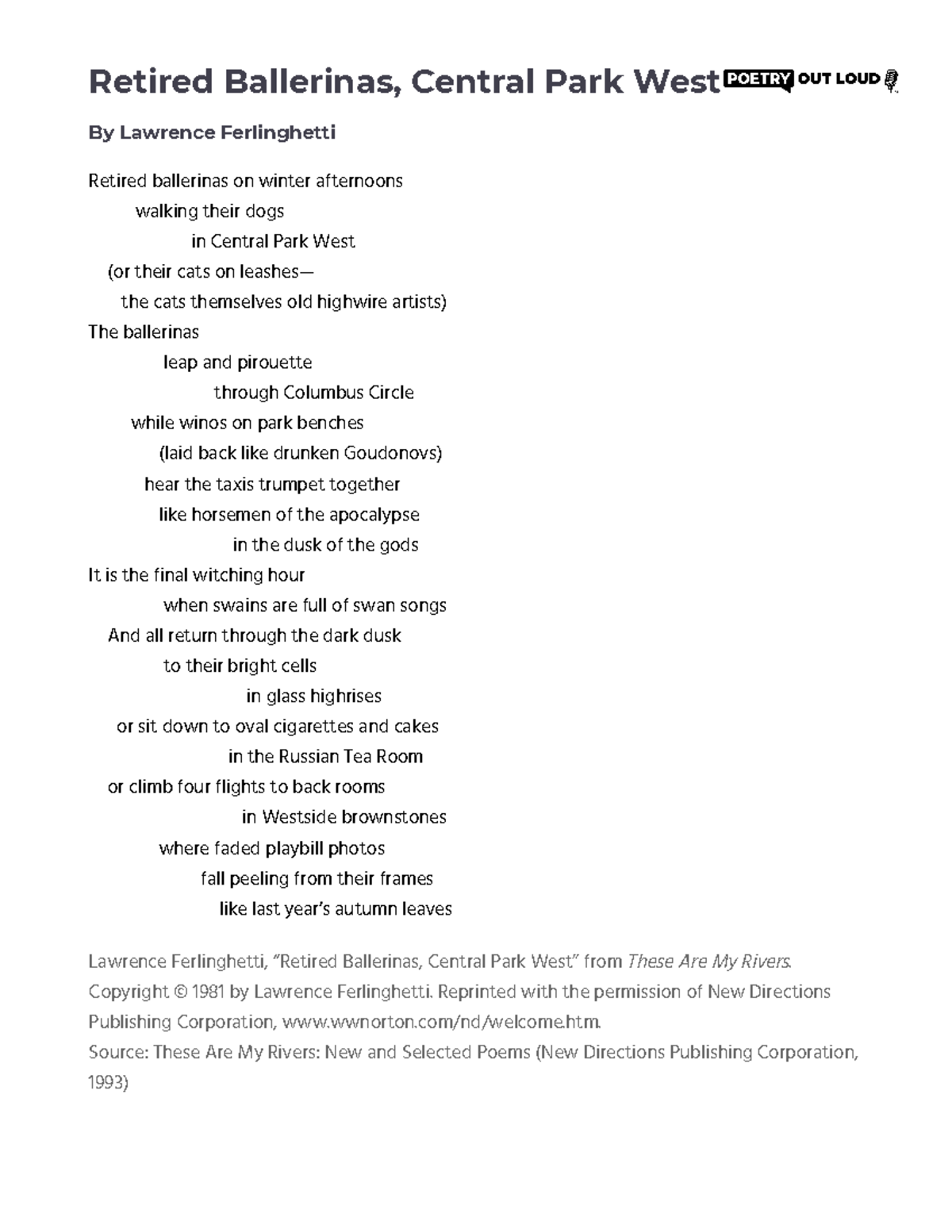 Retired Ballerinas, Central Park West Poetry Out Loud - Retired ...