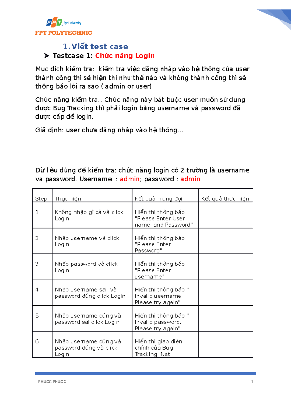 Viết test case - FDFSD - 1ết test case Testcase 1: Chức năng Login Mục ...