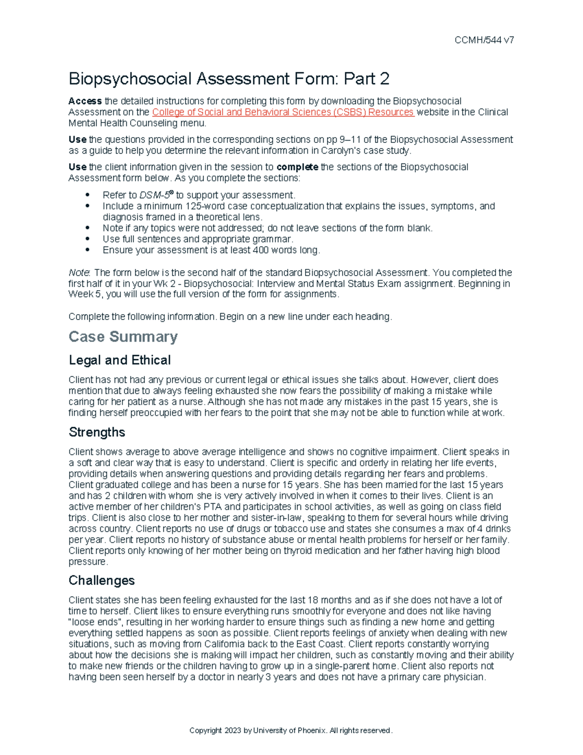 Carolyn Assessment Part II - CCMH/544 v Biopsychosocial Assessment Form ...