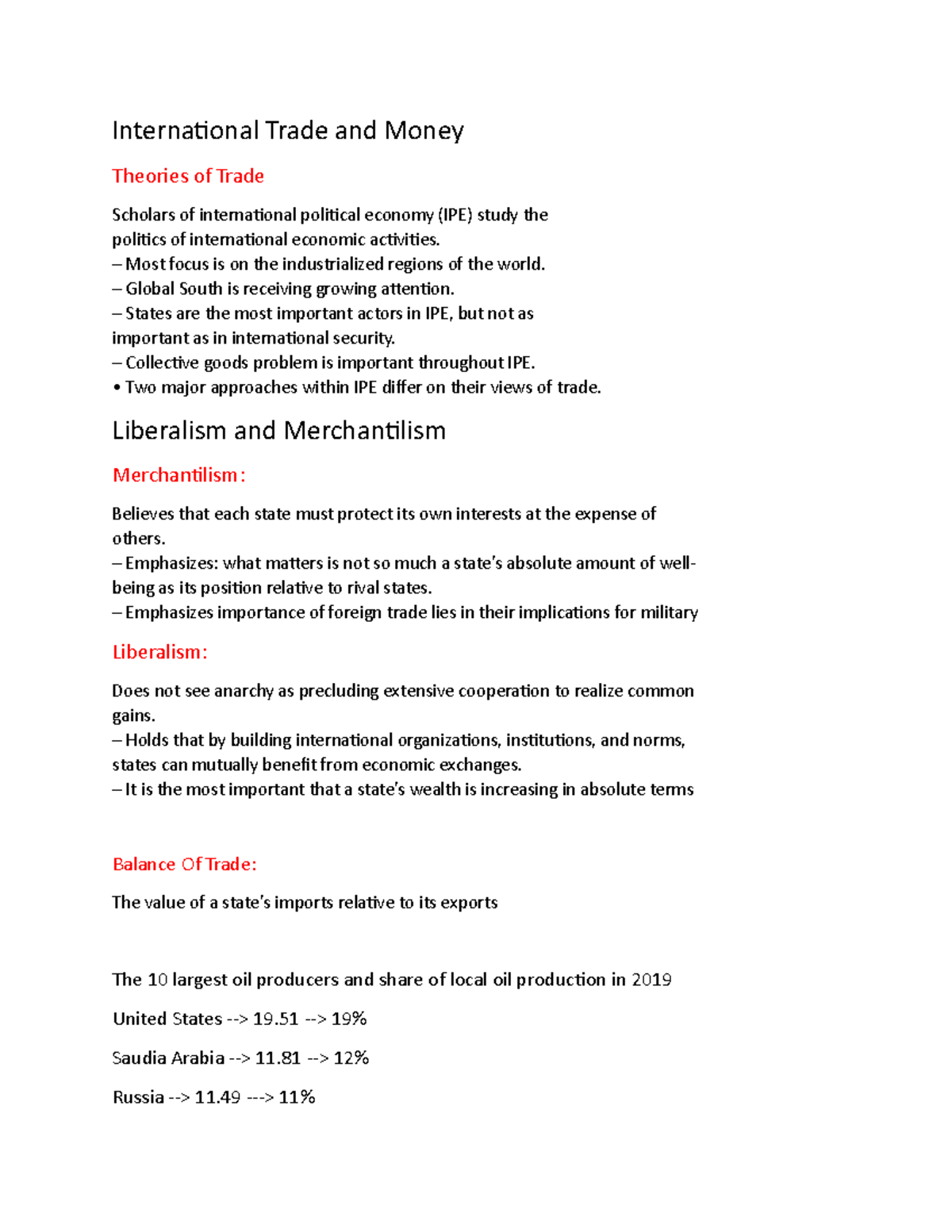 International Relations Notes chapter 5 - International Trade and Money ...