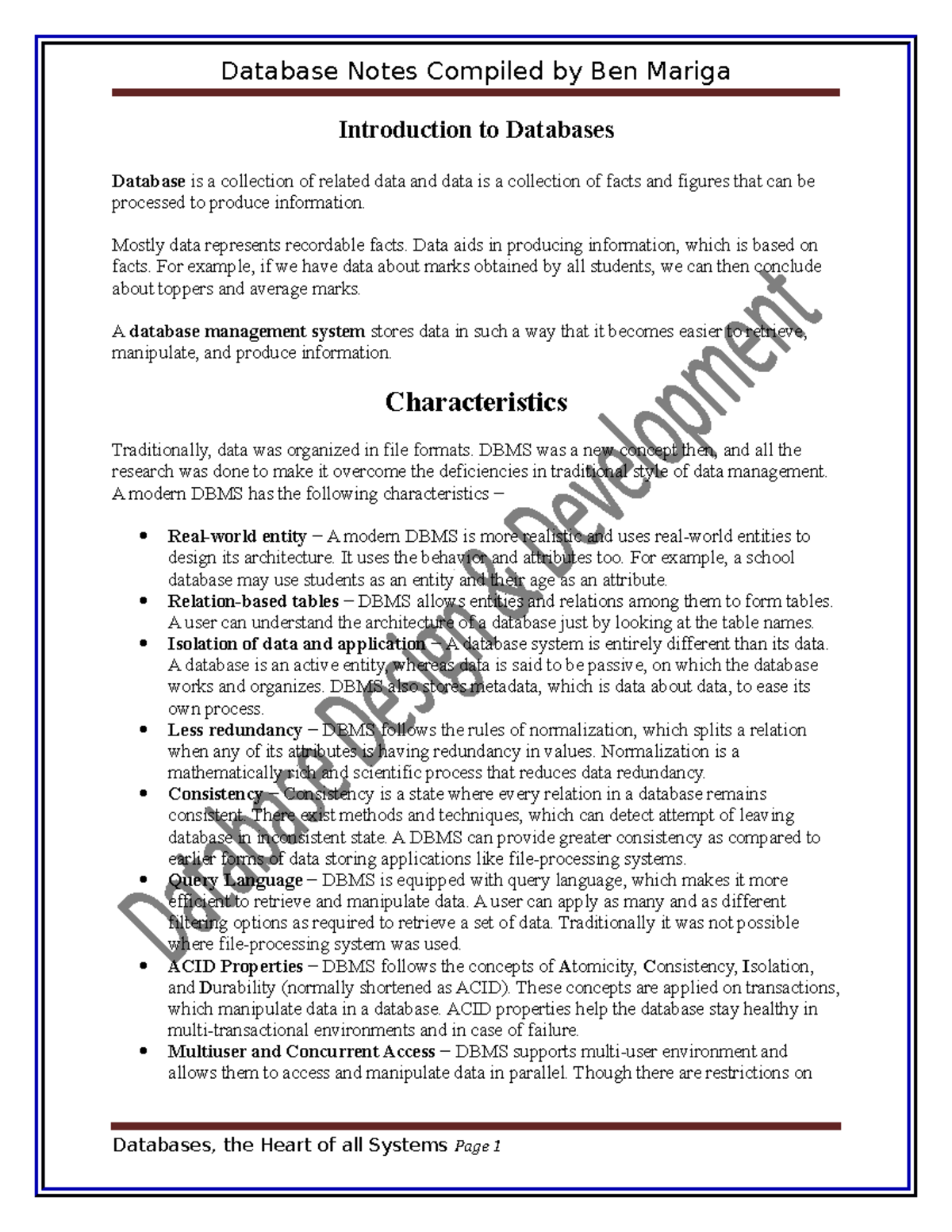 Databases - Introduction to Databases Database is a collection of related data and data is a ...