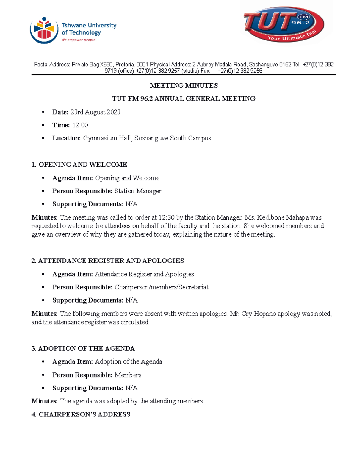 Meeting Minutes August 2023 - Postal Address: Private Bag X680 ...