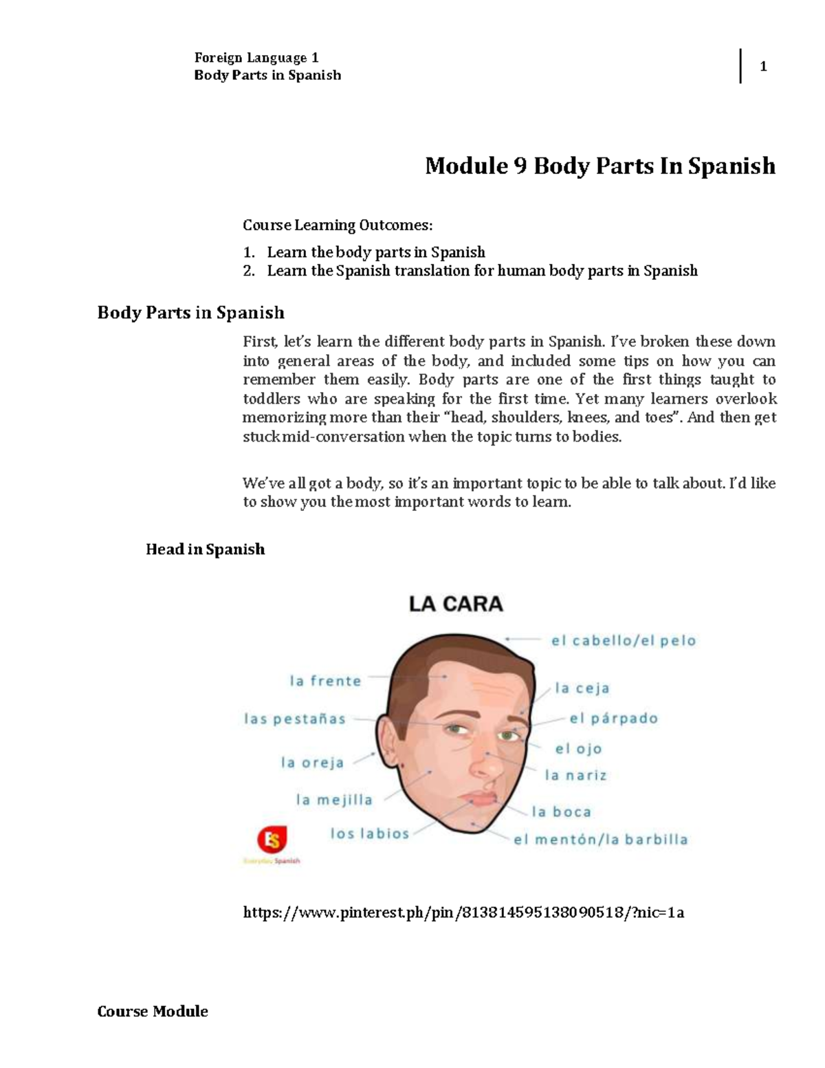 Week 11 - Module 9 Body Parts In Spanish - Body Parts in Spanish 1 ...