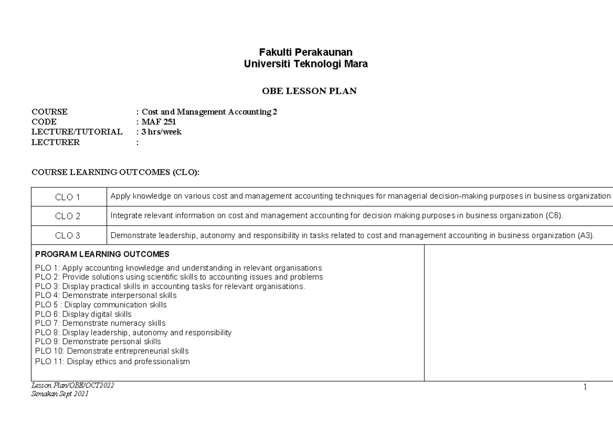OBE Lesson PLAN MAF251 - Lesson Plan/OBE/OCT2022 1 Fakulti Perakaunan ...