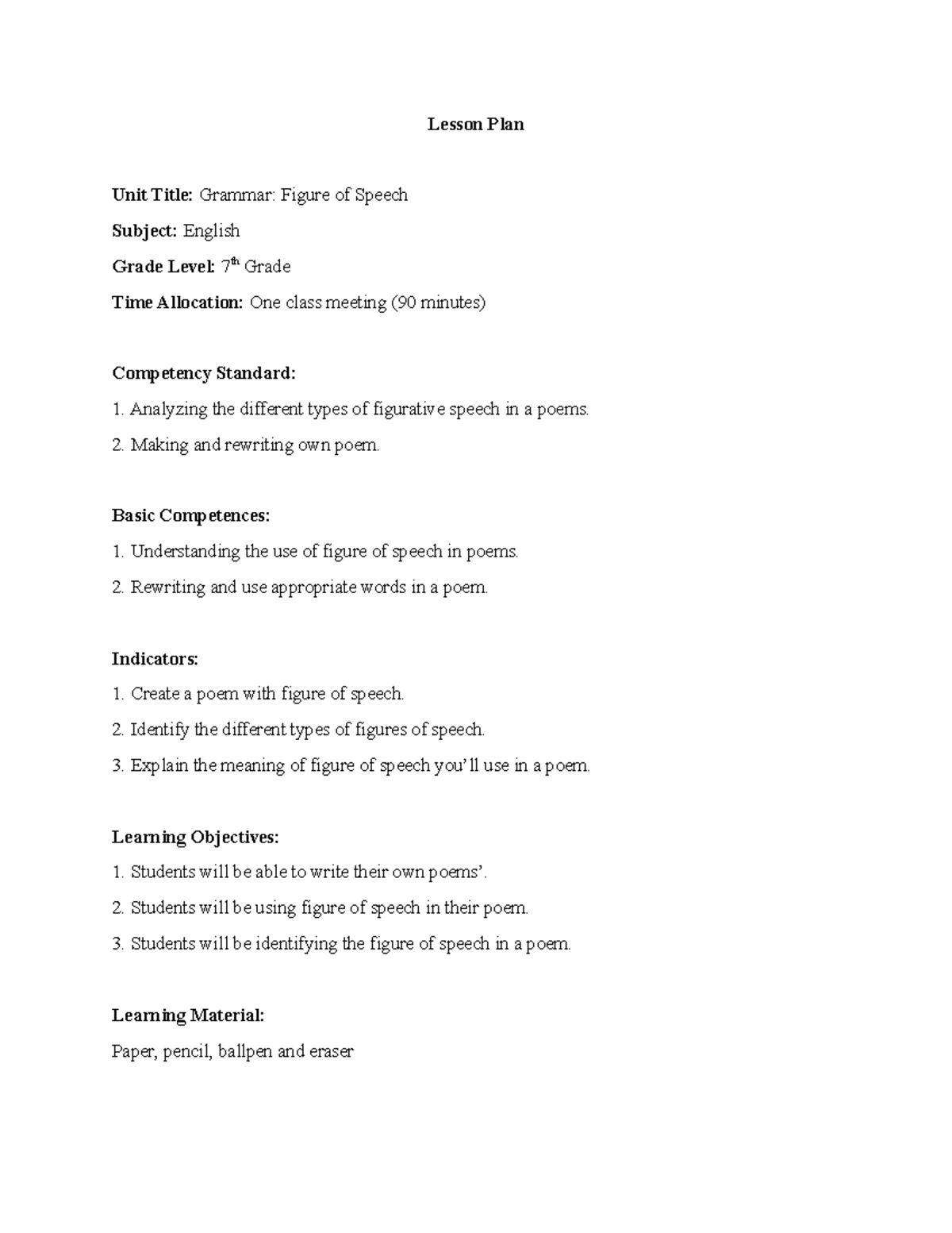 Tpack model-lesson plan - Lesson Plan Unit Title: Grammar: Figure of ...