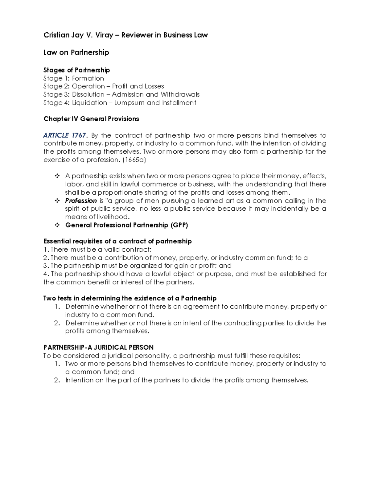 Law on Partnership - Viray - Cristian Jay V. Viray – Reviewer in ...