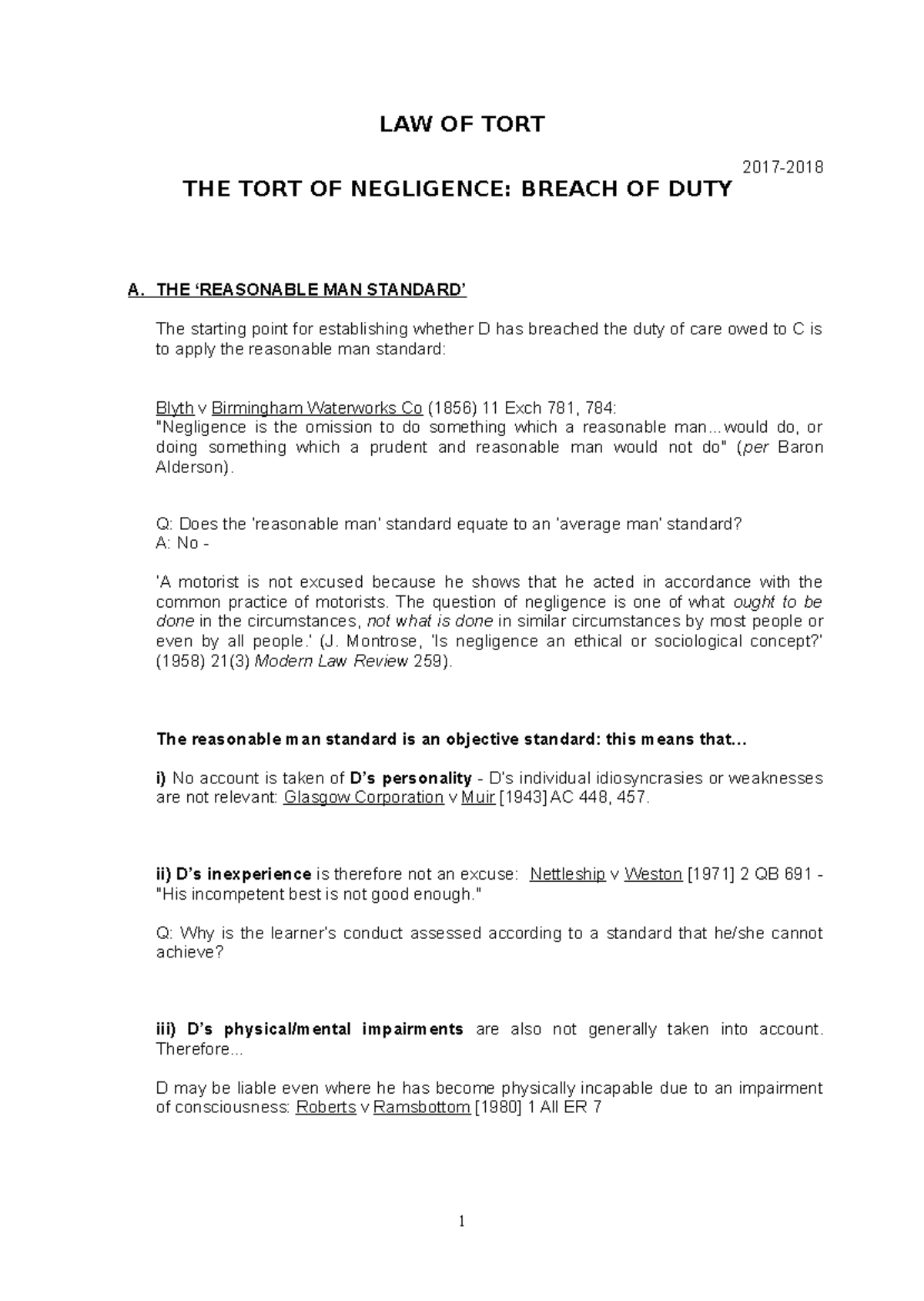 Breach of Duty Handout 2017 - LAW OF TORT 2017- THE TORT OF NEGLIGENCE ...