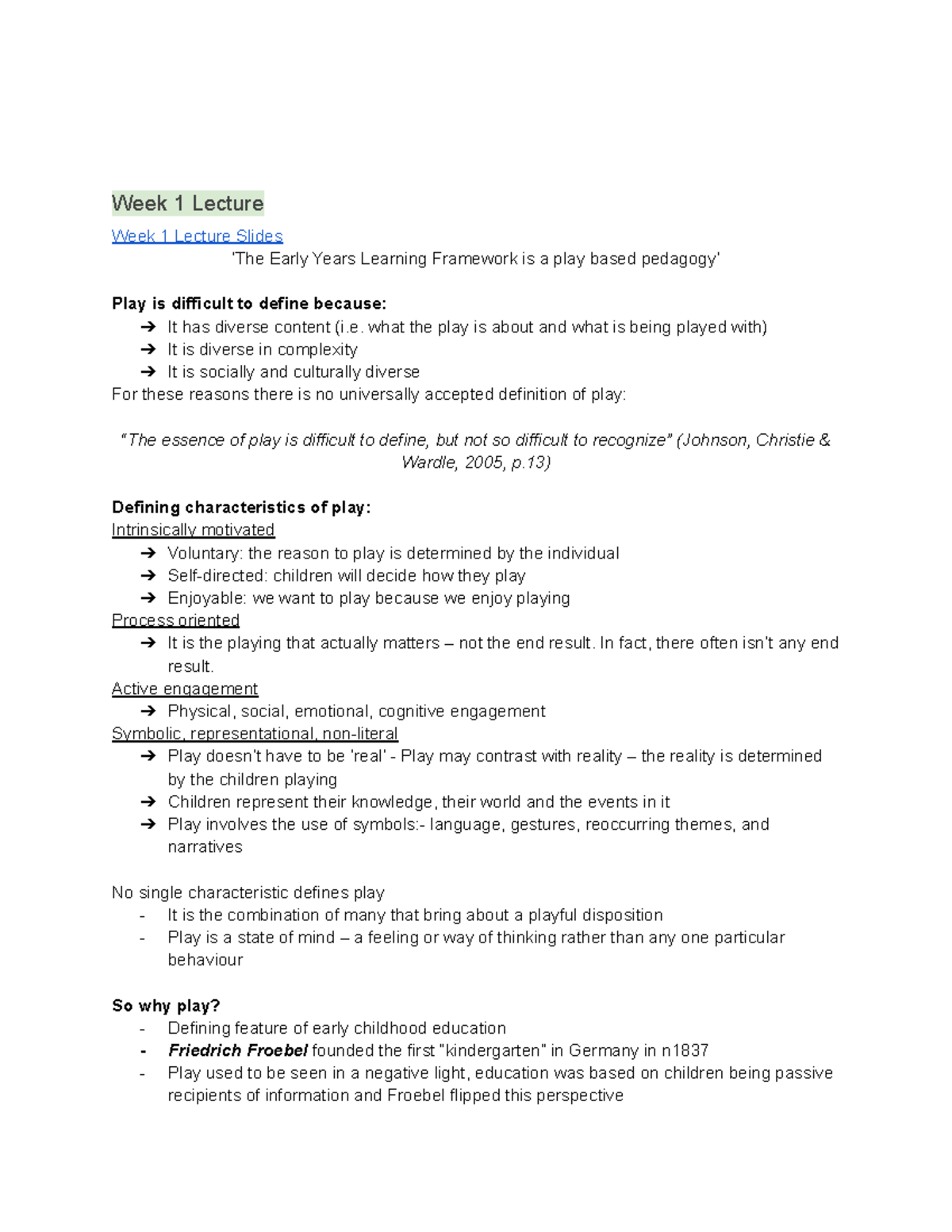 ECHE1130 Play Based Approaches to Early Childhood Learning and Development - Week 1 Lecture Week ...