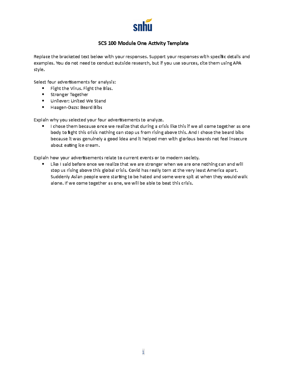 SCS 100 Module One Activity Template - SCS 100 Module One Activity ...