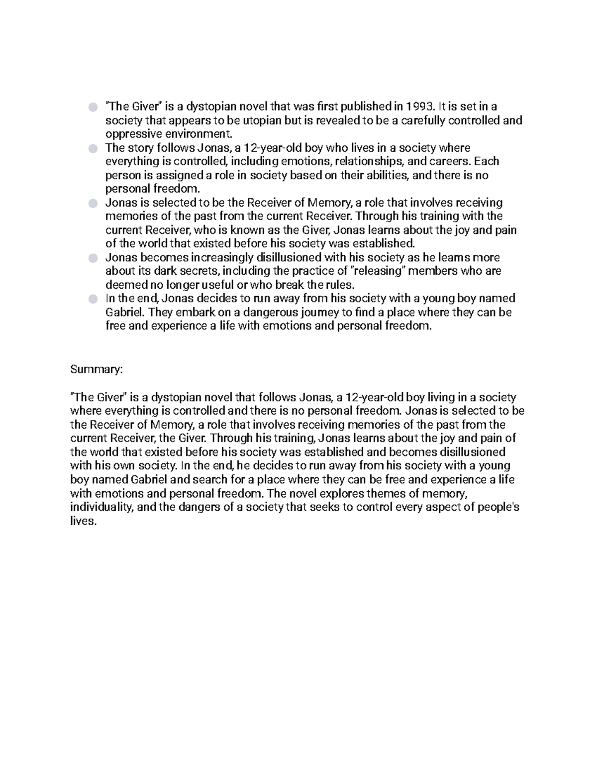 The Giver notes - "The Giver" is a dystopian novel that was first ...