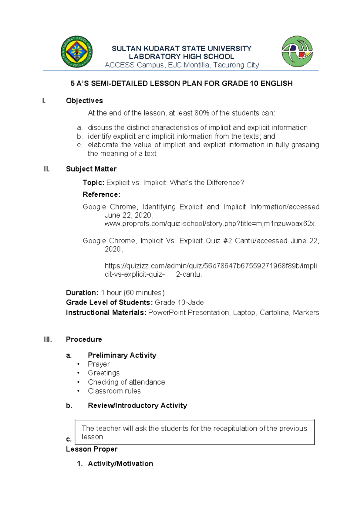 1st Demo [Lesson Plan] Fojas - SULTAN KUDARAT STATE UNIVERSITY LABORATORY HIGH SCHOOL ACCESS ...
