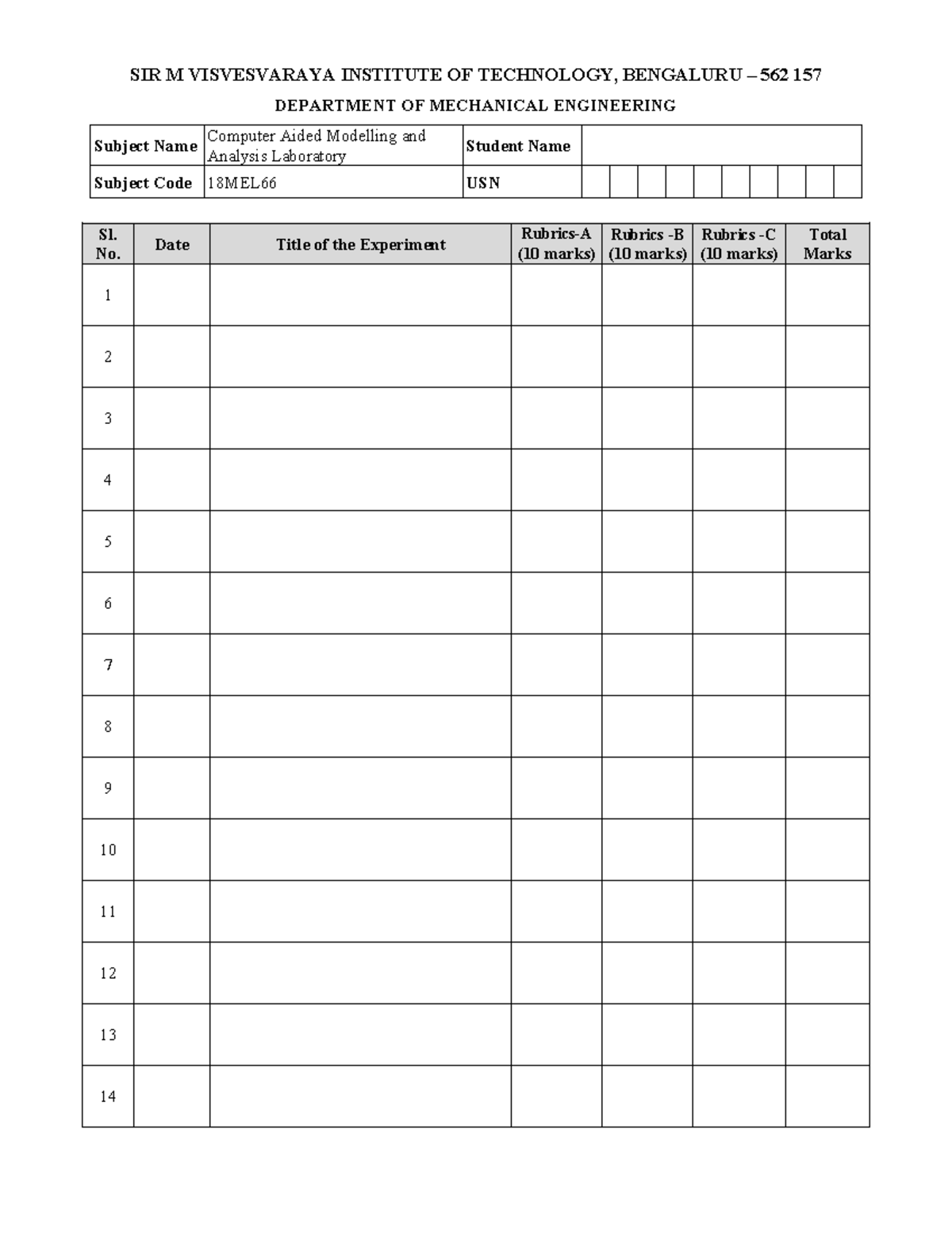 Lab Rubrics 18MEL66 - lab - SIR M VISVESVARAYA INSTITUTE OF TECHNOLOGY ...