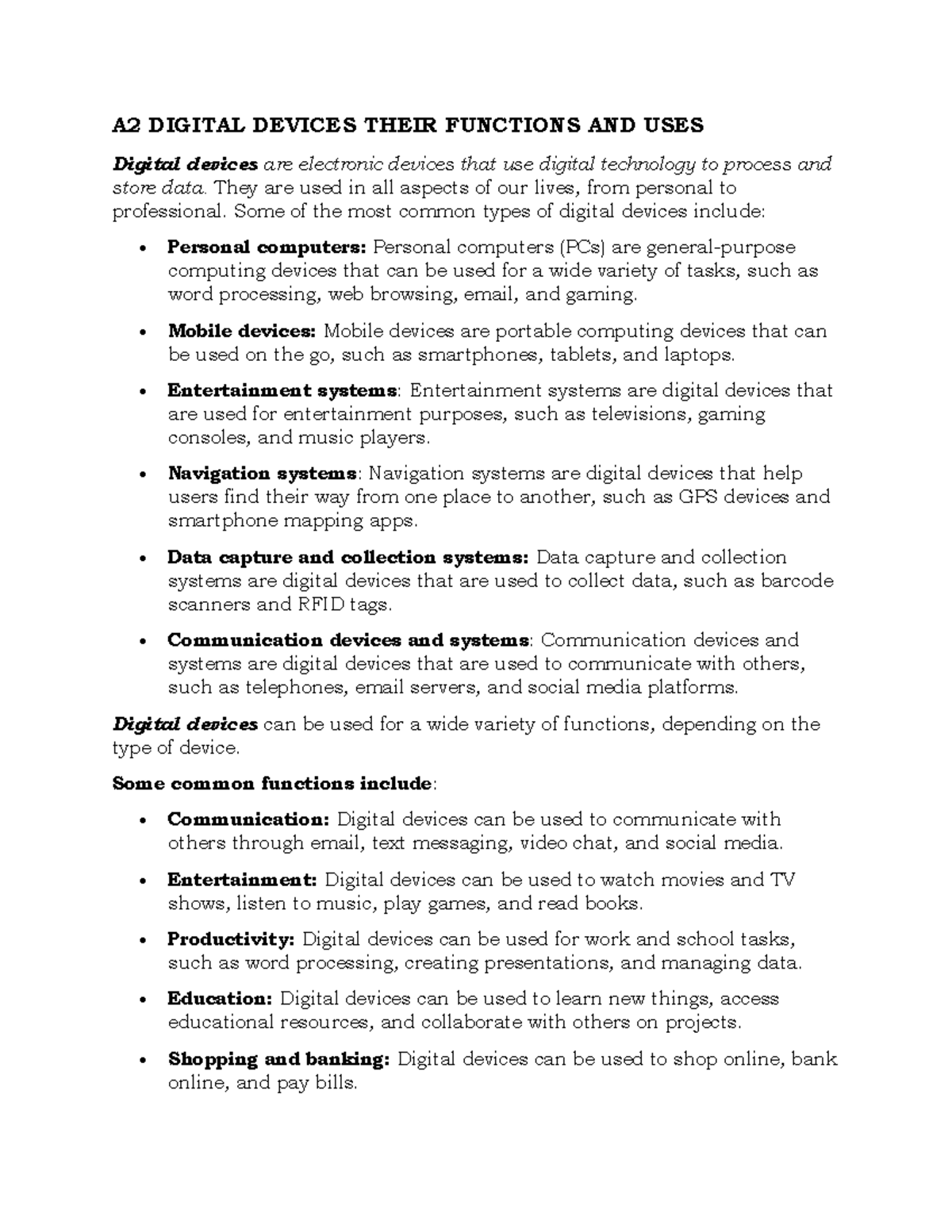 A2 Digital Devices - work - A2 DIGITAL DEVICES THEIR FUNCTIONS AND USES ...