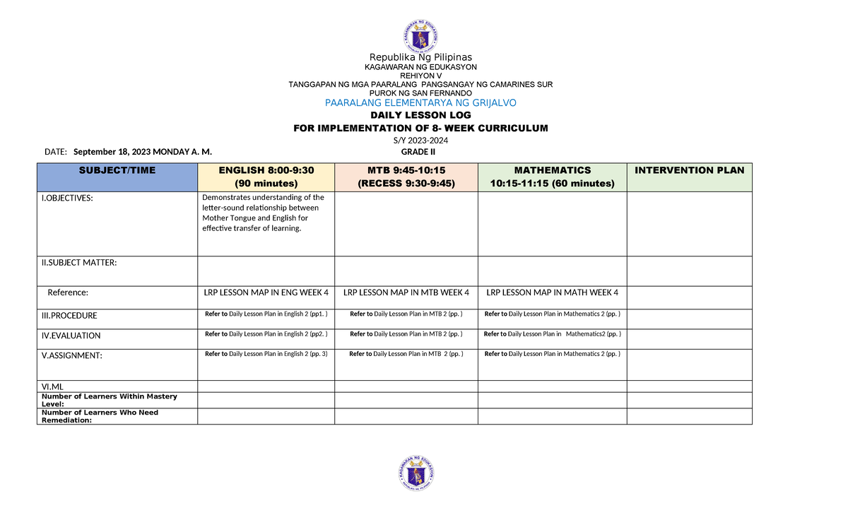 DLL SY 2023-2024 - Republika Ng Pilipinas KAGAWARAN NG EDUKASYON REHIYON V TANGGAPAN NG MGA ...