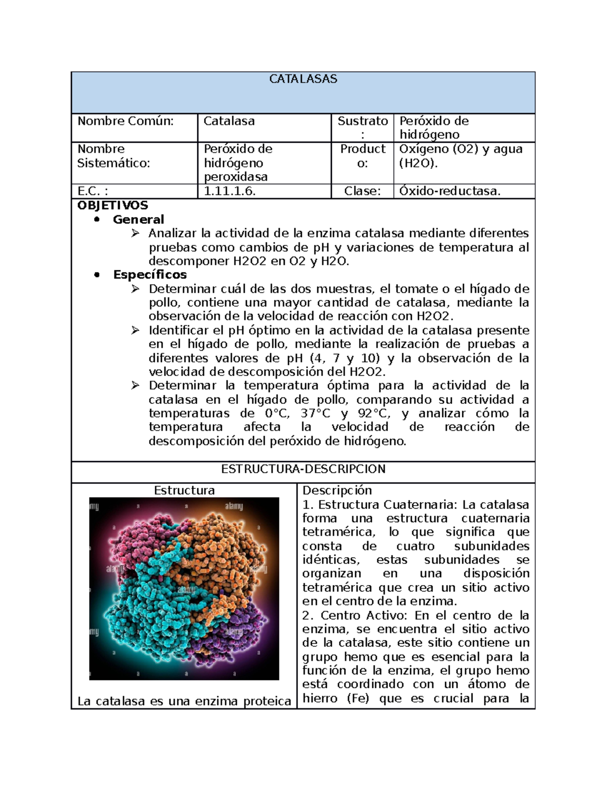Acción enzimática de las catalasas - CATALASAS Nombre Común: Catalasa ...