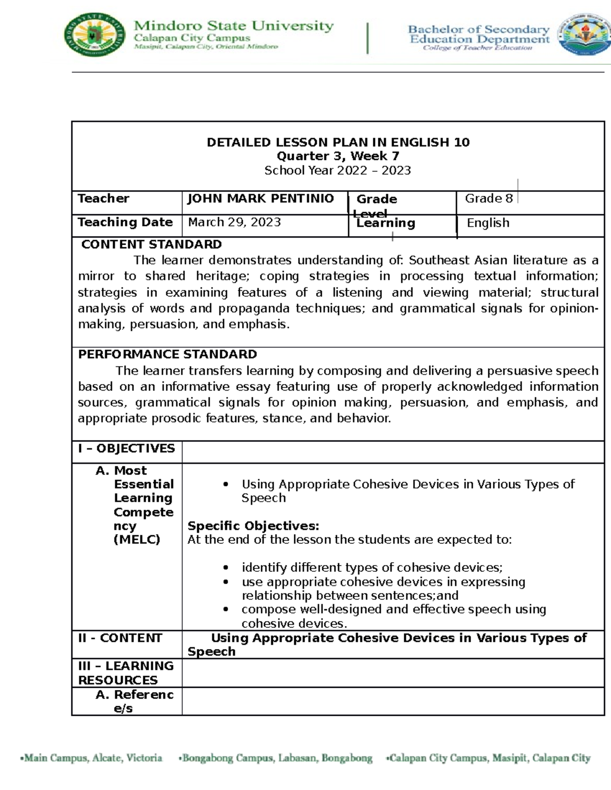 Final na Final Cohesive Devices DLP - DETAILED LESSON PLAN IN ENGLISH ...