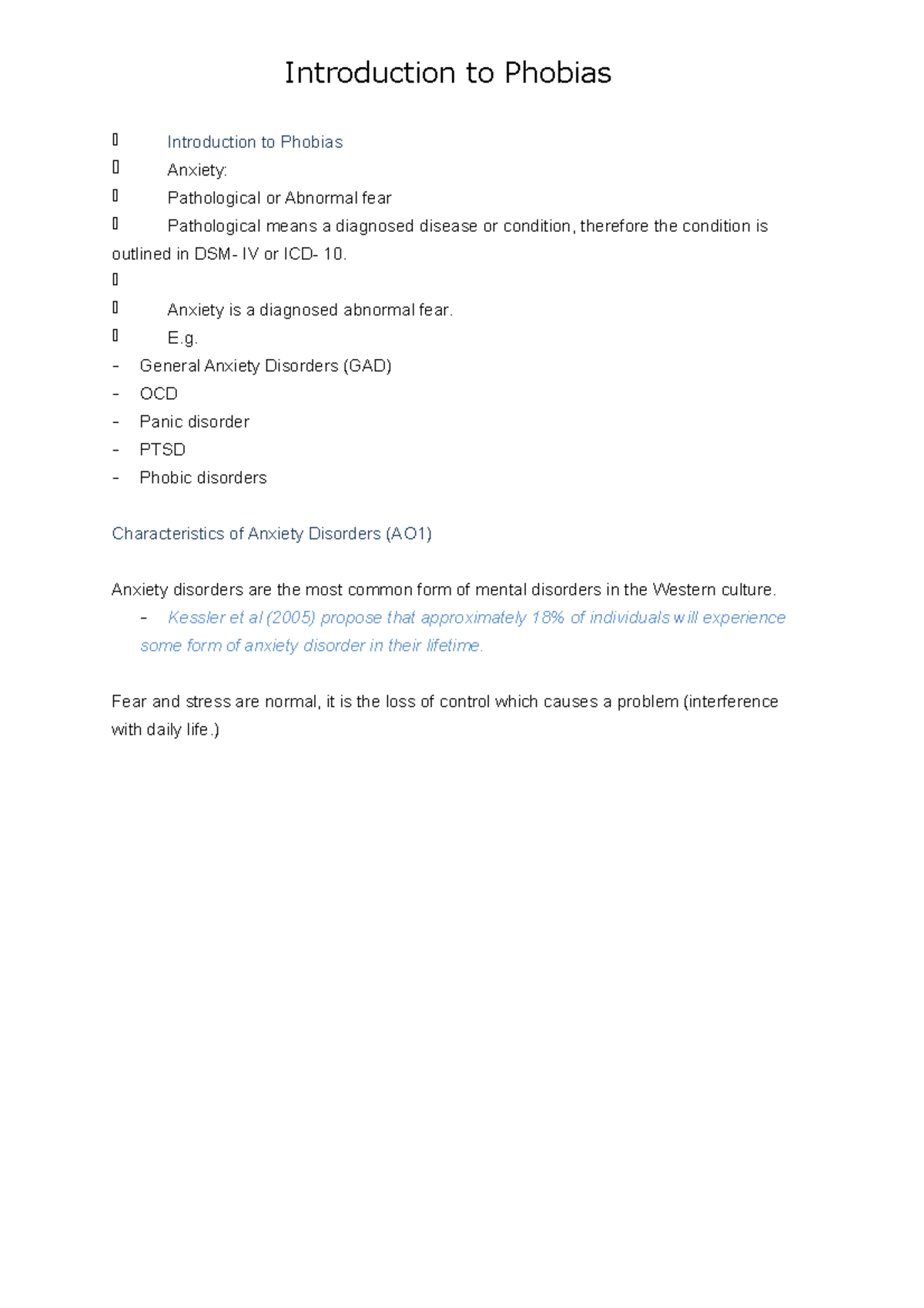 Phobia notes completed - Introduction to Phobias Introduction to ...