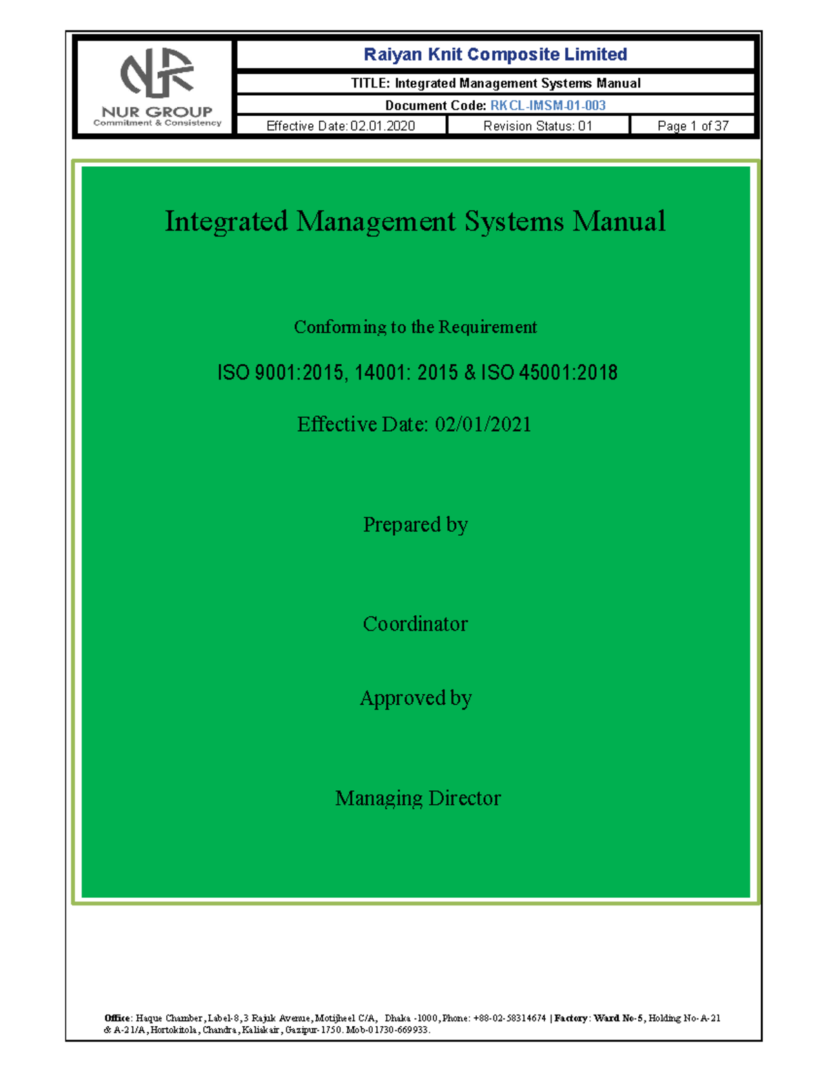 RKCL IM 01 001 IMS Manual Recovered - TITLE: Integrated Management ...