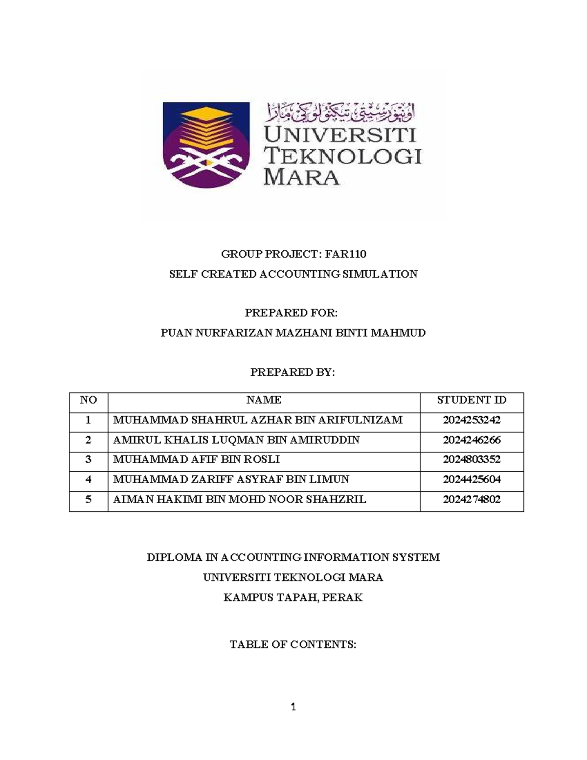 FAR110 - sample - GROUP PROJECT: FAR SELF CREATED ACCOUNTING SIMULATION ...