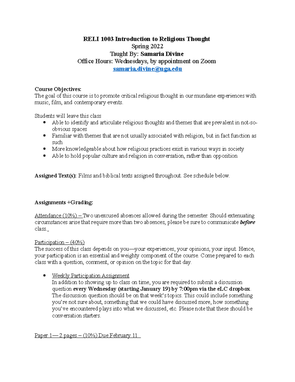 Spring RELI 1003 Syllabus - RELI 1003 Introduction to Religious Thought ...