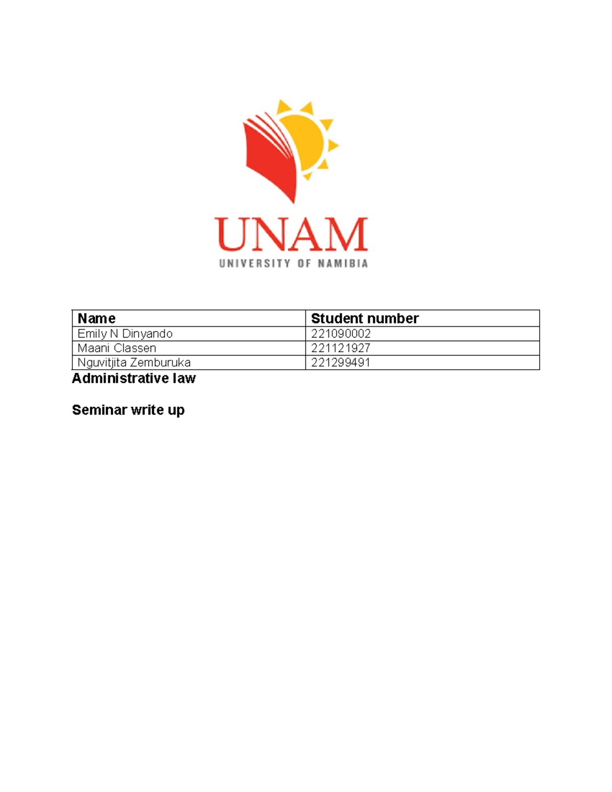Seminar Writeup - good - Name Student number Emily N Dinyando 221090002 ...